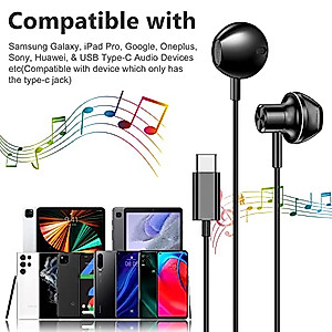 USB C Earphone Type-C Earbuds for Samsung Galaxy S22 Ultra Wired Earbuds Hi-Res Audio Headphone Noise Isolation Deep Bass Stereo Sound Headset with Mic Volume Control for Galaxy S22 S21 FE Black