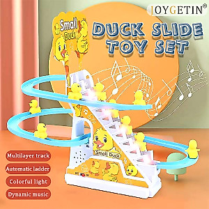 JOYGETIN Small Ducks Climbing Toys,Electric Duck Climbing Stairs Tracks Slide Toy Set,Duck Roller Coaster Toy with Flashing Lights & Music On/Off Button