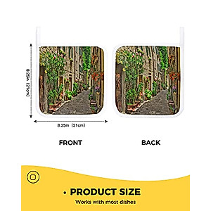 3Pack Pot Holders Cotton Oven Hot Pads, Italy Vintage Backyard Potholder Cloth Potholders for Daily Kitchen Baking Cooking with Hanging Loops - Charming Old Streets House Flower Garden Door