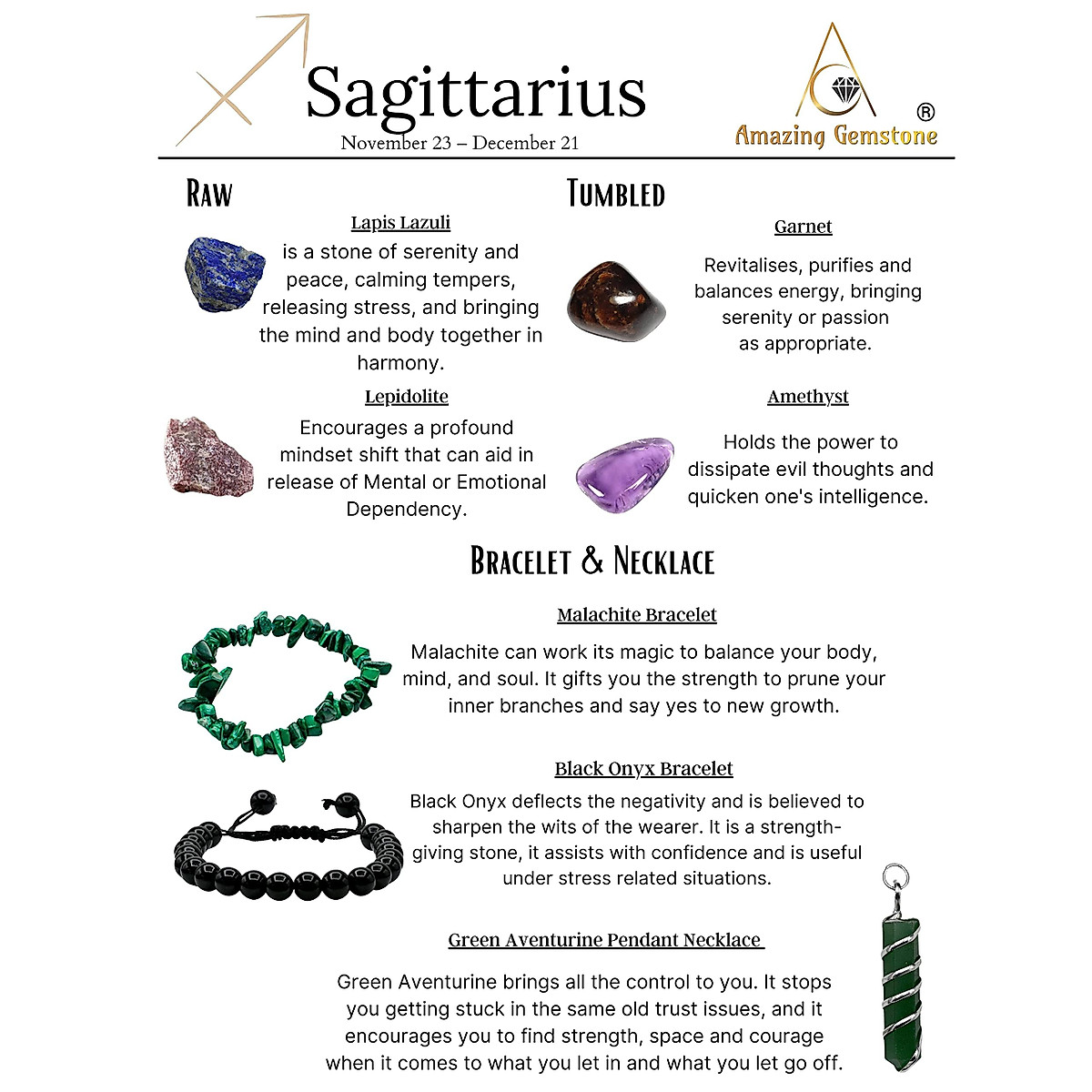 Amazing Gemstone Sagittarius Gifts Crystal Kit for Women Men, Combo Set of Healing Stones, Bracelets and Necklaces Pulseras Para Hombres Mujer Stocking Stuffers (Information Card Included)