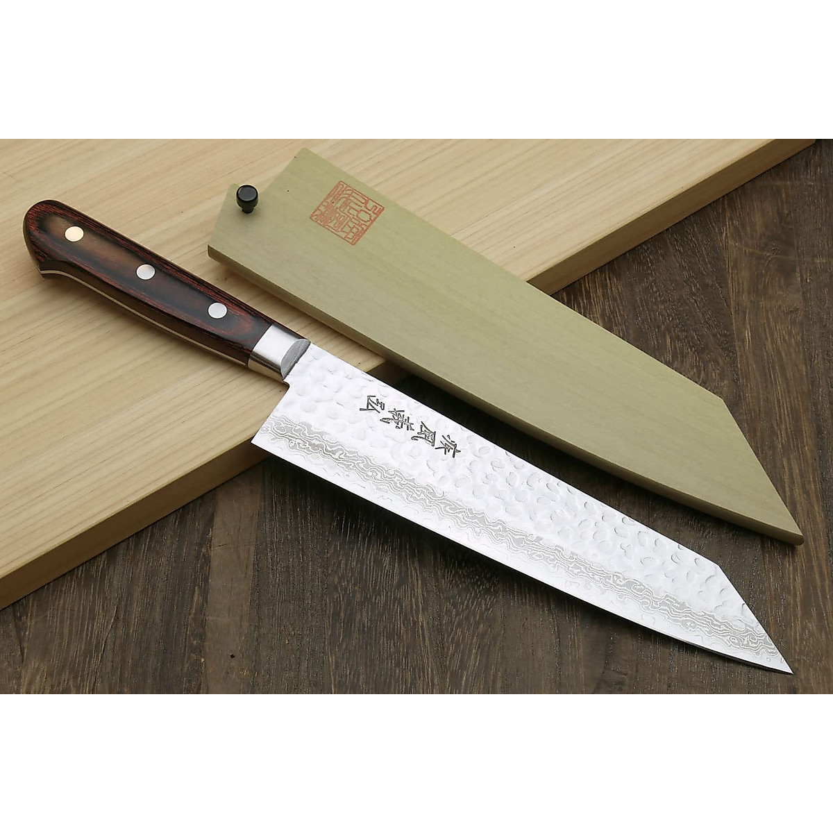 Yoshihiro VG-10 Hammered Damascus Kiritsuke Sword Tip Multipurpose Japanese Chef Knife 8.25 inch - Western Style Mahogany Handle