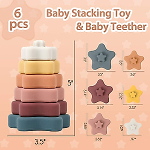 haakaa Silicone Star Stacking Toys, Baby Stacking Rings Baby Stacking Toys & Baby Teether, Boho Baby Toys Stacking Blocks, Silicone Infant Toys, Star Shape, 6Pacs.