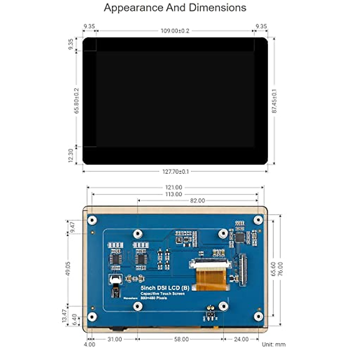 waveshare 5inch Capacitive IPS Touch Display Compatible with Raspberry Pi 5/4B/3B+/3A+/3B/2B/B+/A+/ CM3/3+/4 800×480 Resolution DSI Interface Low Power Consumption