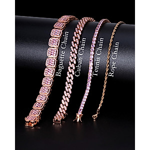 Iced Out Custom Name Necklace with Cuban Link Chain for Man Women, Hip Hop 14k Real Gold Plated Personalized Initial Letter Pendant Necklaces, Handmade Customized Nameplate Jewelry Gifts for Women Men (Heart Rose Gold/Pink)