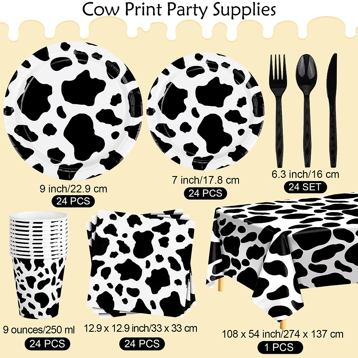 durony 169 Pieces Cow Print Party Tableware Serves 24 Include Party Plates Spoons Forks Knife Cups Napkins Cow Print Farm Animal Birthday Supplies for Baby Shower Farm Cow Themed Decorations