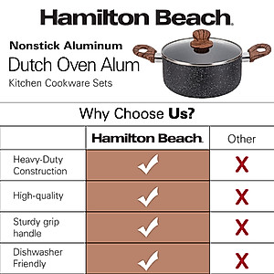 Hamilton Beach 3 Quart Nonstick Marble Coating Even Heating Round Dutch Oven Pot with Glass Lid and Wooden Like Soft Touch Handle, Dutch Oven Pot, Braising, Roasting