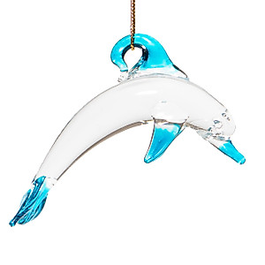 DGE Hand Blown Glass Ornament Dolphin Decor - 2" x 3" Aqua Blue Suncatcher for Window - Sun Catchers Indoor Outdoor Hanging Garden Tree Ornament - Car Charm Office Home Decor