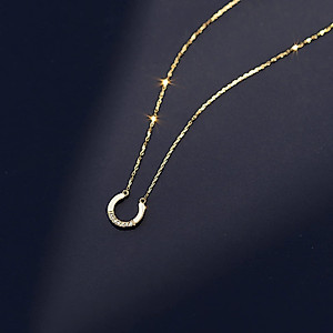 Diamond Horseshoe Necklace | 14k Yellow Gold U-Shaped Necklaces for Women | 14k Solid Gold Animal Pendant Necklace | Dainty Nature Themed Jewelry | Gifts for Christmas, 18"