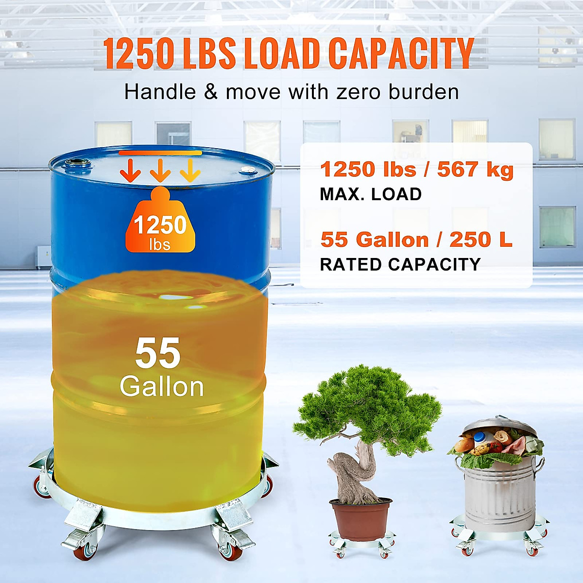 VEVOR 55 Gallon Heavy Duty Drum Dolly, 1250lbs Load Capacity, Barrel Dolly Cart Drum Caddy, Non Tipping Hand Truck Capacity Dollies with Steel Frame 5 Swivel Casters Wheel, for Warehouse Drum Handling