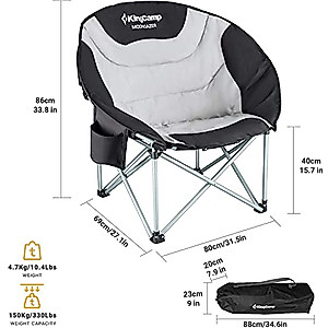 KingCamp Oversize Padded Moon Saucer Leisure Cooler Bag and Cup Holder, Portable Heavy Duty Folding Chair for Outdoor Camping, Picnic, Fishing, Lawn, Black/MediumGrey, ONE Size
