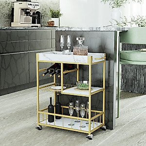 aboxoo Bar Cart 3 Tiers Removable Storage Tray with Wine Rack & Basket Tier,Rolling Beverage Cart,Mobile Bar Serving Cart with Handle, White Marble Wood and Gold Frame Home Kitchen Shelf for Party