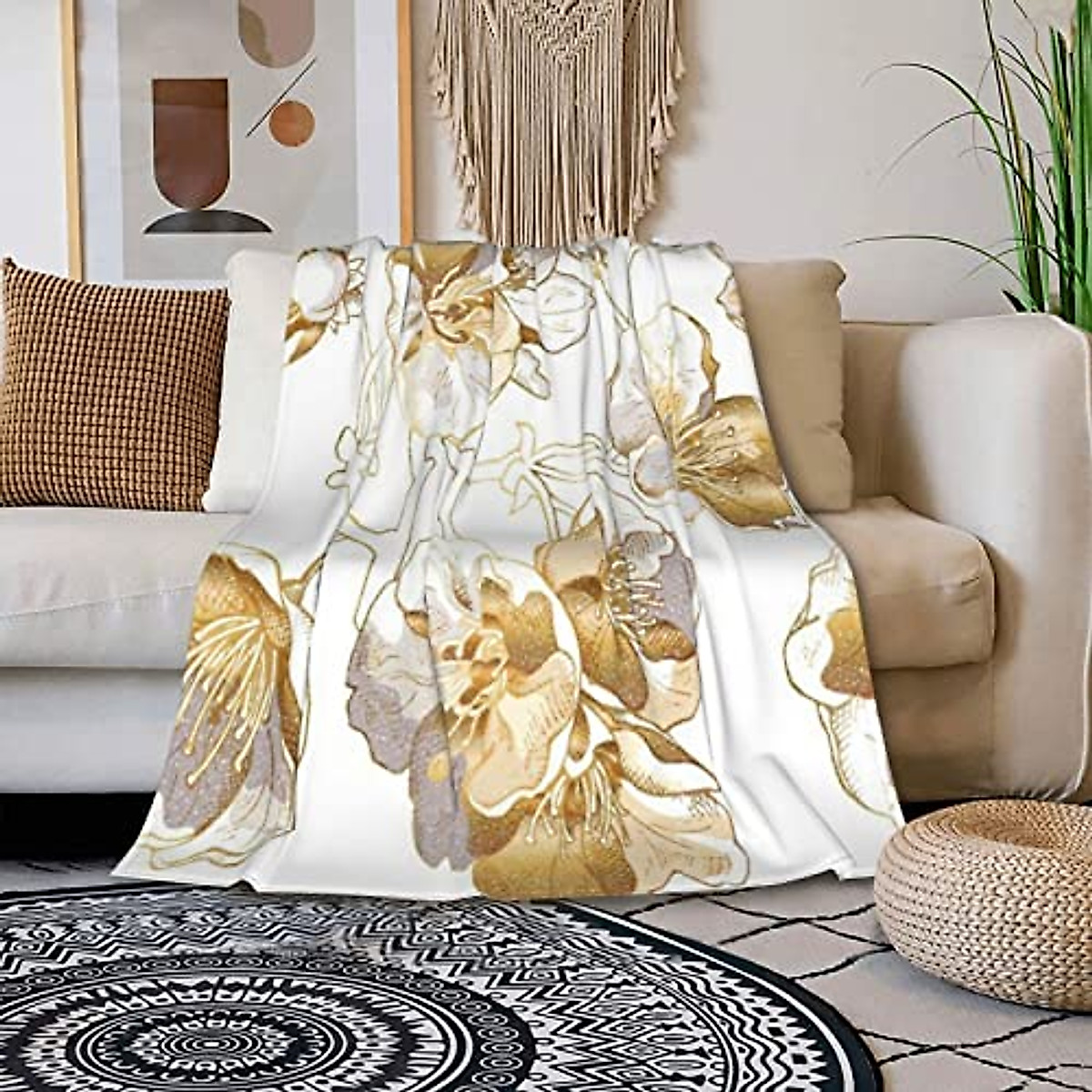 Blanket,Silver White with Light Gold Cherry Flowers Black Sakura Floral,Throw Blanket Lightweight Soft Warm Blanket Flannel Fleece Blankets for Couch Living Room 80"x60"
