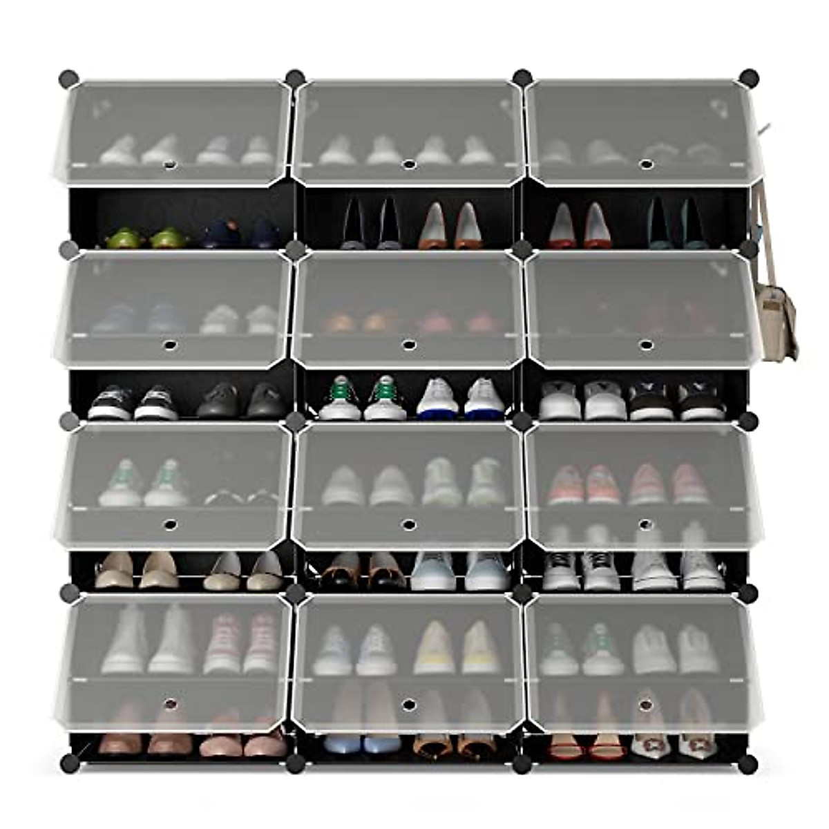 Safstar 48 Pairs 12 Cube Shoe Rack Organizer, Freestanding Shoe Storage Cabinets with Side Hanging Hook, Expandable Cube for Heels & Boots, Space Saver Shoe Racks for Closet Entryway Bedroom Hallway