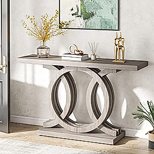 LITTLE TREE Entryway Console Table Wood: 55 inches Farmhouse Hallway Table with Geometric Base, Vintage Long Narrow Sofa Table for Living Room - Grey