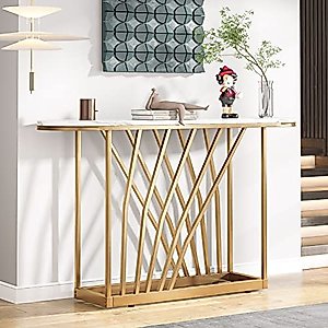 Tribesigns Gold Console Table, 43" Modern White Sofa Couch Table with Faux Marble, Oval Wooden Hallway Foyer Table, Narrow Entryway Table with Metal Frame for Living Room Bedroom Entrance
