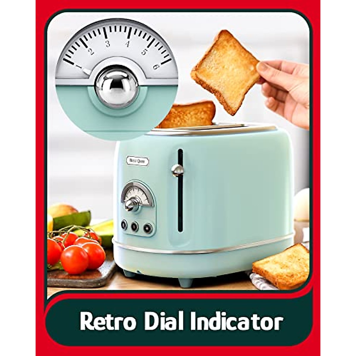 Hazel Quinn 2 Slice Retro Toaster, 6 Browning Levels, 3 Functions-Defrost/Reheat/Cancel, Removable Crumb Tray for Easy to Clean, 1.5 Inches Extra Wide Slots, Vintage Style, Mint Green