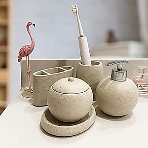 Artchirly 5 Piece Bath Accessory Set for Vanity Countertops,White Sandstone Color,Made of Cement Luxury Ensemble Dish,Lotion Dispenser,Soap Dish,Tooth Mug,Toothbrush Holder and Storage Can (5)
