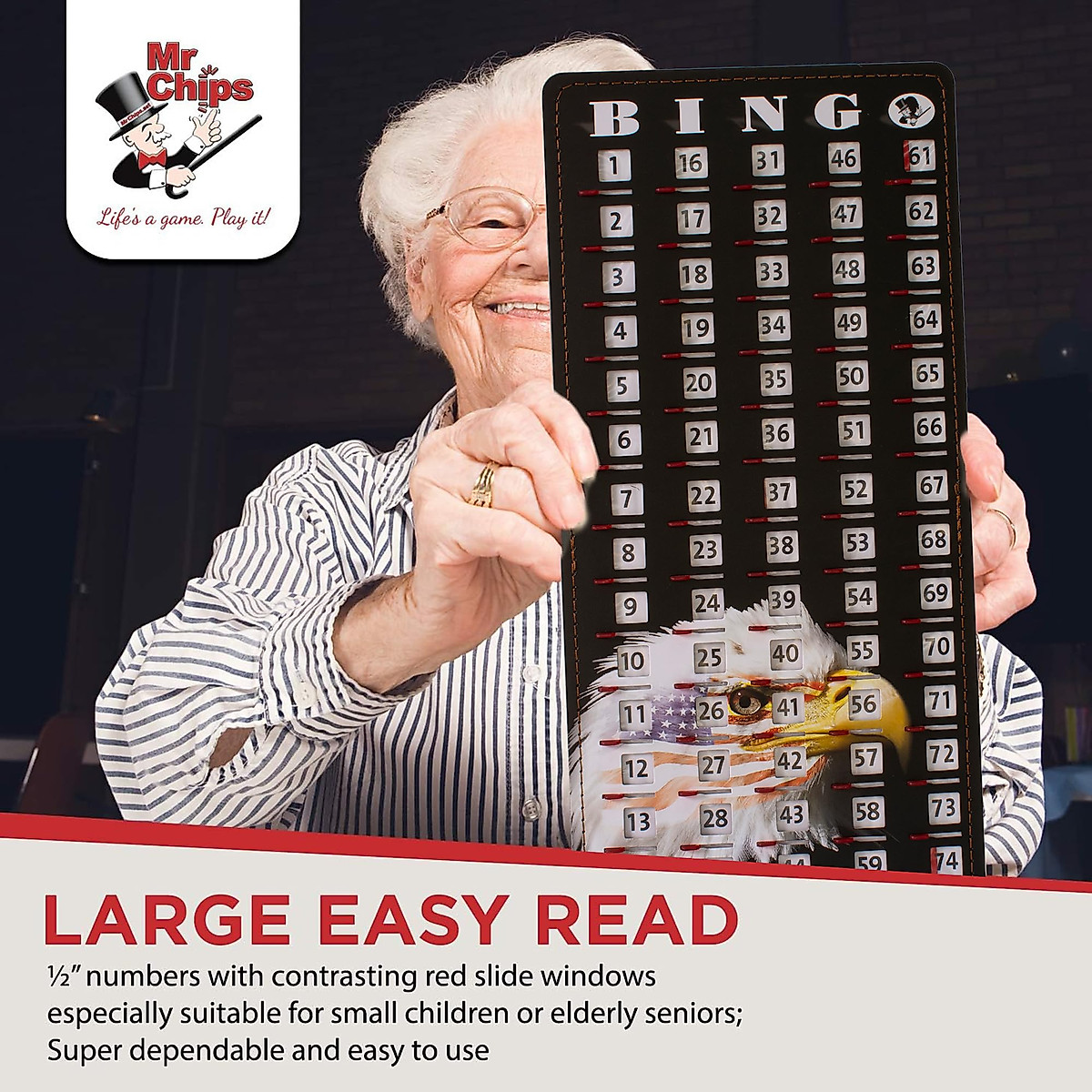 MR CHIPS Jam-Proof Finger Tip Master Bingo Card with Sliding Windows Large Cardboard Calling Cards Stars and Stripes Style