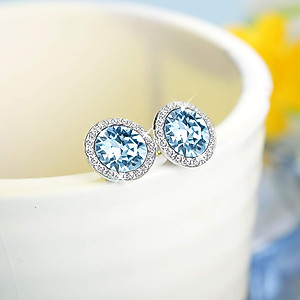 KesaPlan Sterling Silver Crystals Stud Earrings for Women, Made of Austria Crystals, Round-Cut Rhinestone Halo Bridal Earring Hypoallergenic Blue
