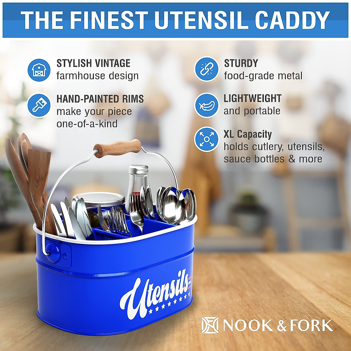 NOOK & FORK Farmhouse Utensil Caddy – Silverware & Flatware Holder/Organizer for Countertop & Parties with Matching Napkin Carrier Stars & Stripes