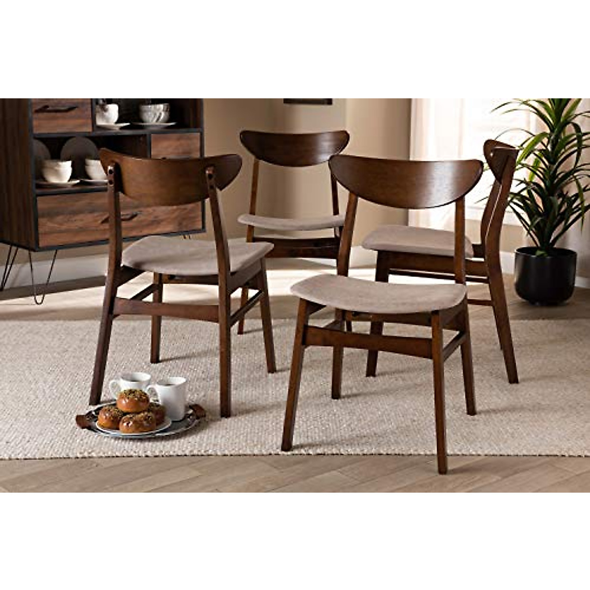 Baxton Studio Parlin Mid-Century Modern Transitional Light Beige Fabric Upholstered and Walnut Brown Finished Wood 4-Piece Dining Chair Set