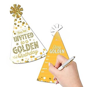 Big Dot of Happiness Golden Birthday - Shaped Fill-In Invitations - Happy Birthday Party Invitation Cards with Envelopes - Set of 12