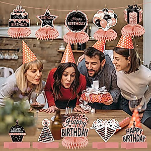 10Pcs Rose Gold Birthday Decorations Honeycomb Centerpieces for Girls Women, Rose Gold Black Happy Birthday Table Centerpieces Party Supplies,16th 18th 21st 30th 40th 50th 60th Bday Table Topper Decor