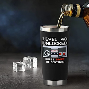 40th Birthday Gifts Men Birthday Gifts For Him 20oz Level 40 Unlocked Wine Tumbler Gifts For Video Game Lovers Husband Boyfriend Teen Boys Bday Xmas Party Presents Black Travel Cup With Straw