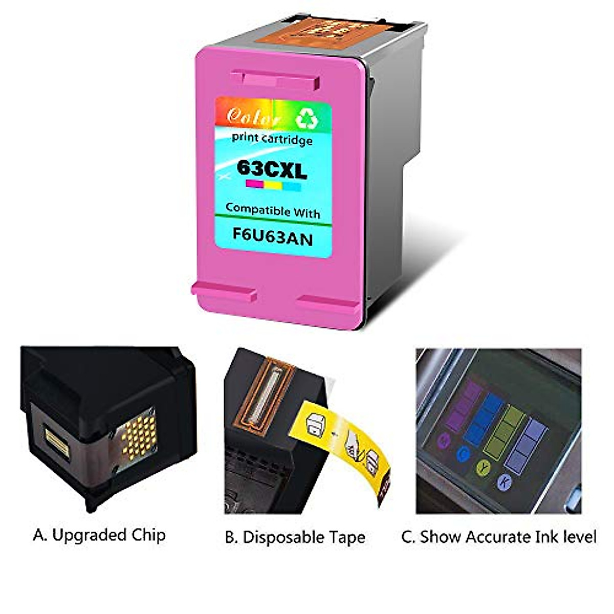 greencycle Re-Manufactured 63XL 63CXL Ink Cartridge Compatible for HP Envy 4520 4510 4528 OfficeJet 4650 4658 3830 5255 5258 DeskJet 1110 2136 3636, with New Version chip (Tir-Color, 3 Pack)