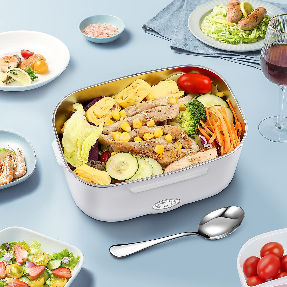 Electric Lunch Box Food Heater, Luncheaze Self Heated Lunchbox 60W Portable Microwave for Car/Truck/Home with 12V/24V/110V Cable, 2 Compartments, Stainless Steel Container, Fork & Spoon, Carry Bag