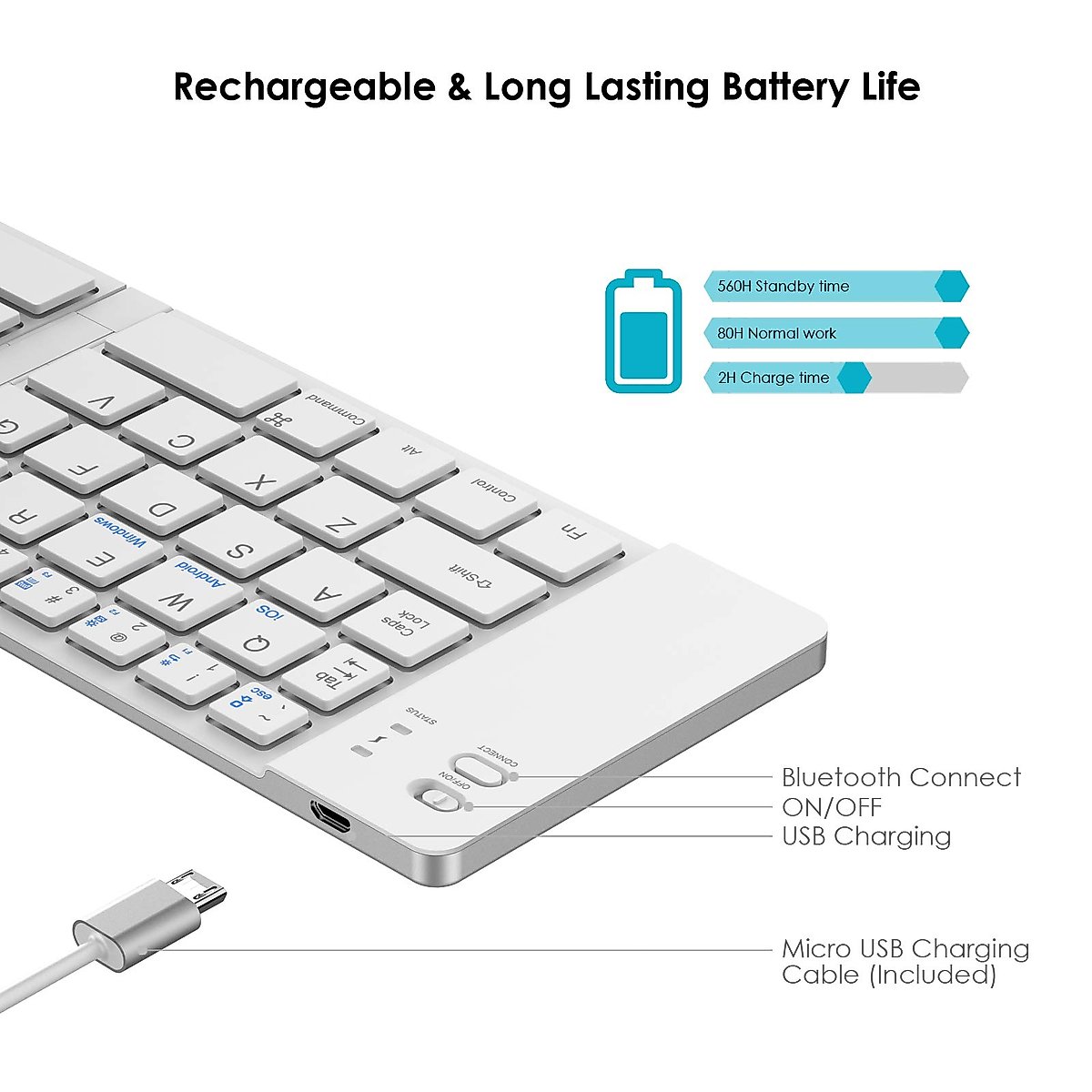 IKOS Folding Bluetooth Wireless Keyboard Slim Pocket Portable Travel Foldable Full Size Keyboard with Stand Holder for iPhone6-13 Max iPad Mini/Pro/Air, iOS Android Windows Laptop Smartphone/Tablet