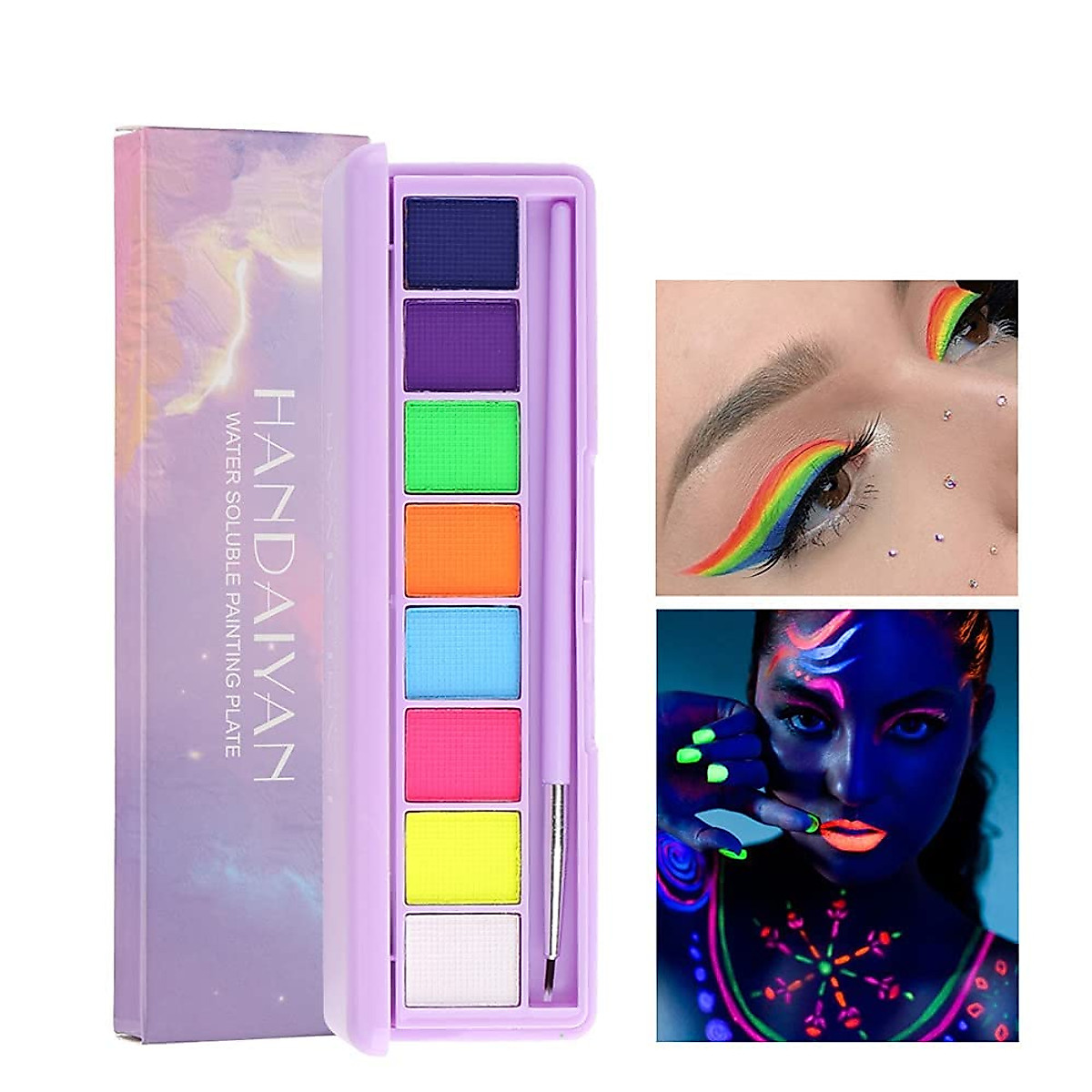 2 Pack Neon Makeup Palette Set Rainbow Colorful UV Body Paint Waterproof Smudgeproof Eyeliner Eyeshadow Face Painting Black Light Glow Fluorescent Kit for Halloween Party Makeup