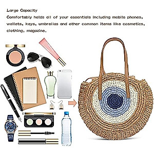 Straw Bag Round Woven Zippered Shoulder Bag Crossbody Bags Handwoven Handbags Evil Eye-khaki
