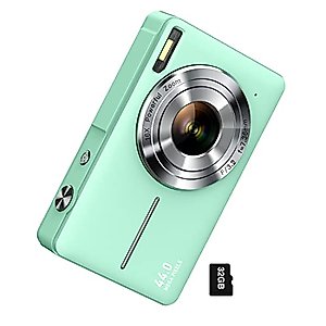 Digital Camera, FHD 1080P Kids Camera 44MP Point and Shoot Digital Cameras with 32GB SD Card, 16X Zoom, Two Batteries, Lanyard, Compact Small Camera for Kids Boys Girls Teens Students Seniors- Green