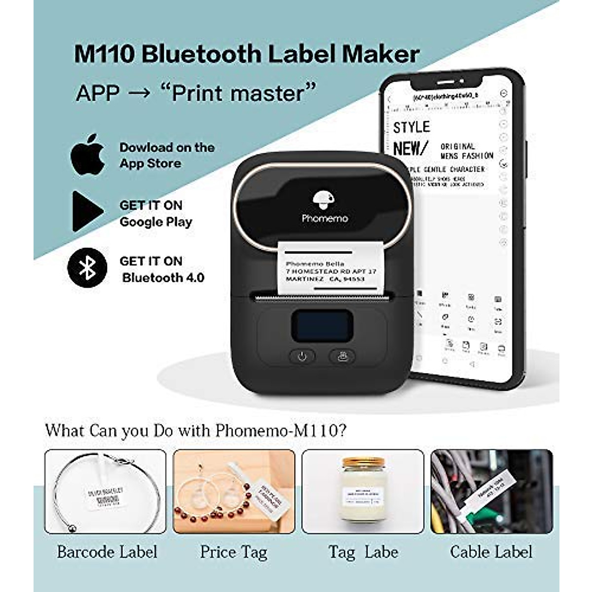 Phomemo M110 Bluetooth Label Maker with 3 Rolls 1.18" x 0.79" (30x20mm)，Bluetooth Thermal Label Maker Printer for Clothing, Jewelry, Retail, Mailing, Barcode, Compatible with Android & iOS System