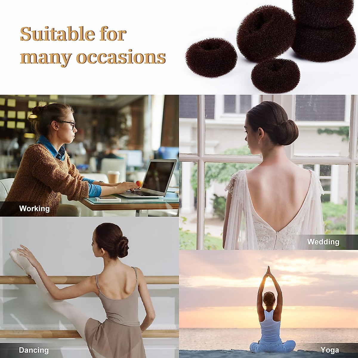 TsMADDTs Hair Bun Maker, 7PCS Dount Bun Maker for Long Hair Ring Style, 5PCS Elastic Bands and 20PCS U Shaped Pins Dark Brown for Ballet Styling