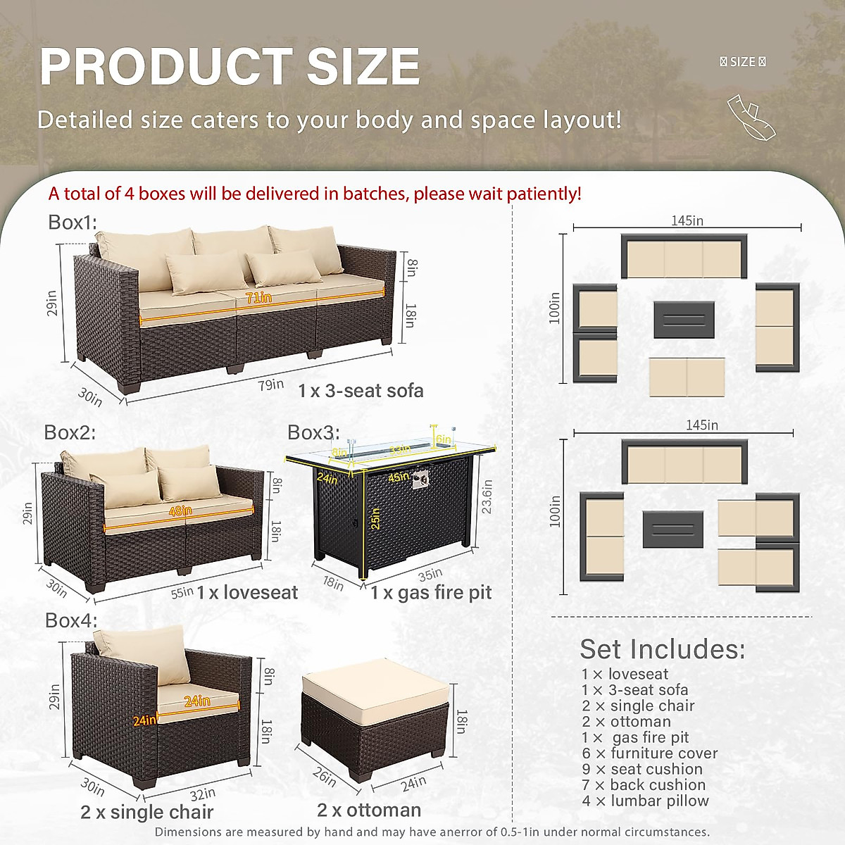 7 PCS Patio Furniture Set Outdoor Patio Furniture with 45-Inch Propane Fire Pit Table Outdoor Couch Patio Chairs Outdoor Conversation Set with Non-Slip Cushions Waterproof Covers, Khaki