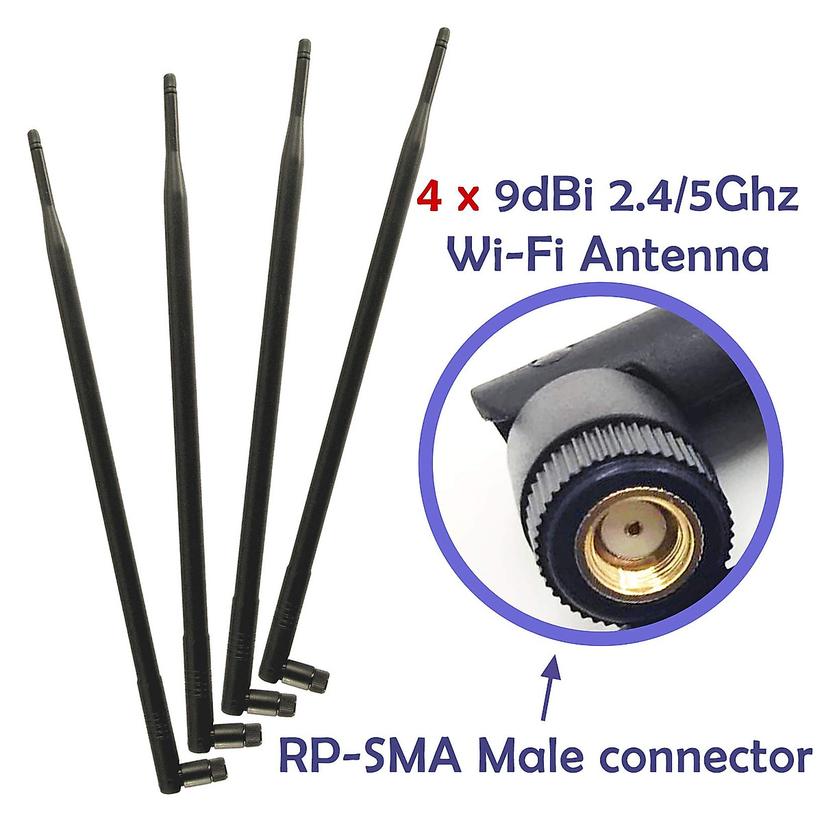 4 pcs of Universal 9dBi Wi-Fi 2.4/5GHz Dual-Band RP-SMA Male Antennas Extension for IP Wireless Security Camera Router and CCTV HD Wireless Camera System Video Antenna for NVR Security IP System