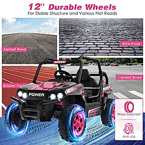 Costzon Ride on Car, 12V Kids UTV with 2.4G Remote Control, Music, LED Lights, Radio, USB Port, Storage, Slow Start, Battery Powered Off-Road Buggy for Boys Girls Aged 3-8 Years, Ride on UTV (Pink)