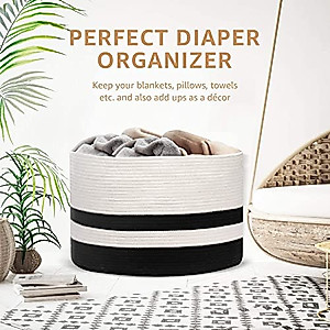 Blanket Basket for Living Room Large Cotton Rope Basket 21.7" x 21.7" x 13.8" Woven Laundry Basket Toy Storage Bins Black and White