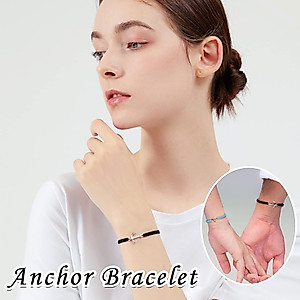 J.Endéar Anchor String Rope Bracelet for Women Men, Filigree Handmade Braided Bracelet Adjustable, Dainty Sterling Silver 925 Anchor Jewelry Sailor Gift for Unisex, Black