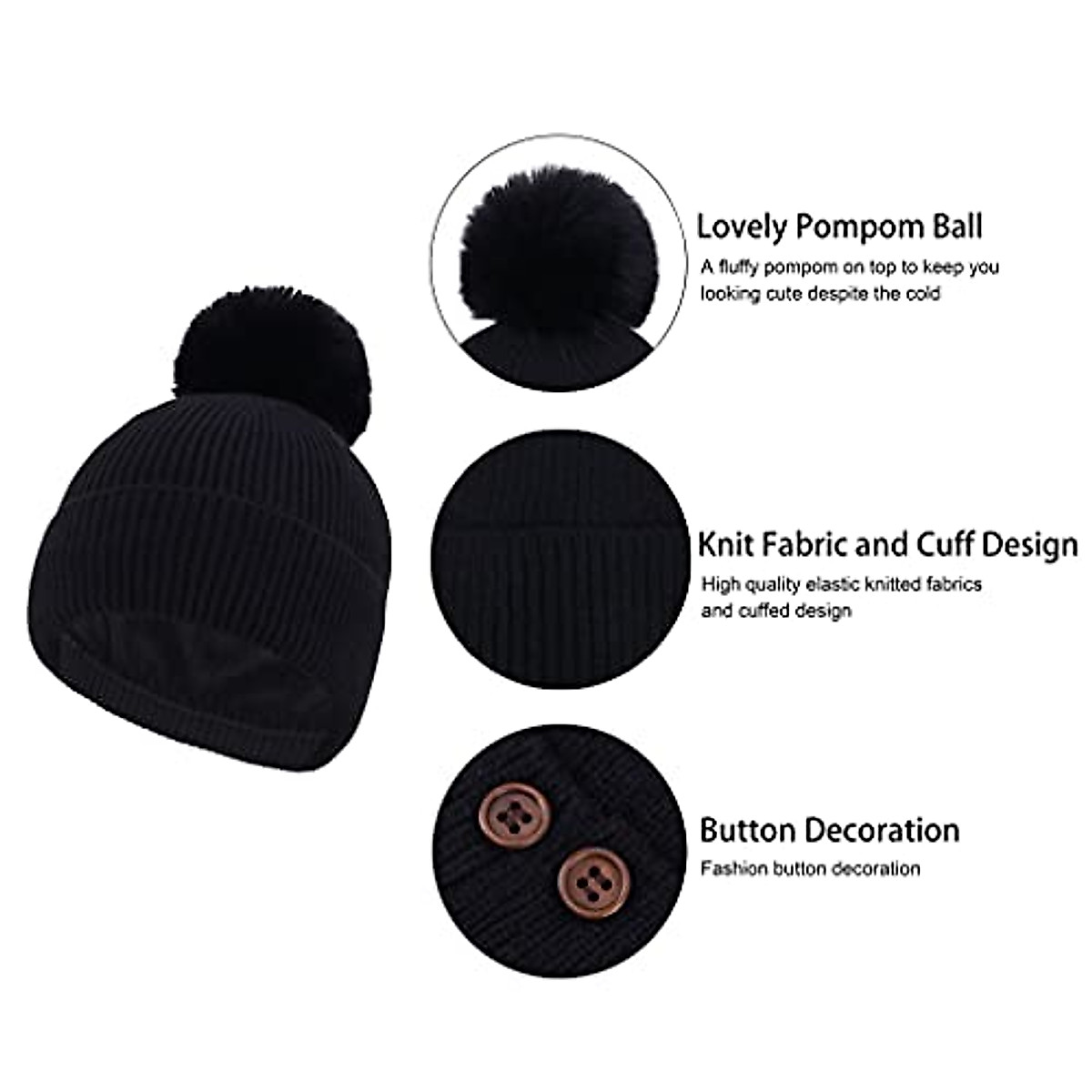 Arctic Paw Kids Beanie Todddler Pom Pom Hat Boys Girls Warm Lined Knit Winter Hat_Black