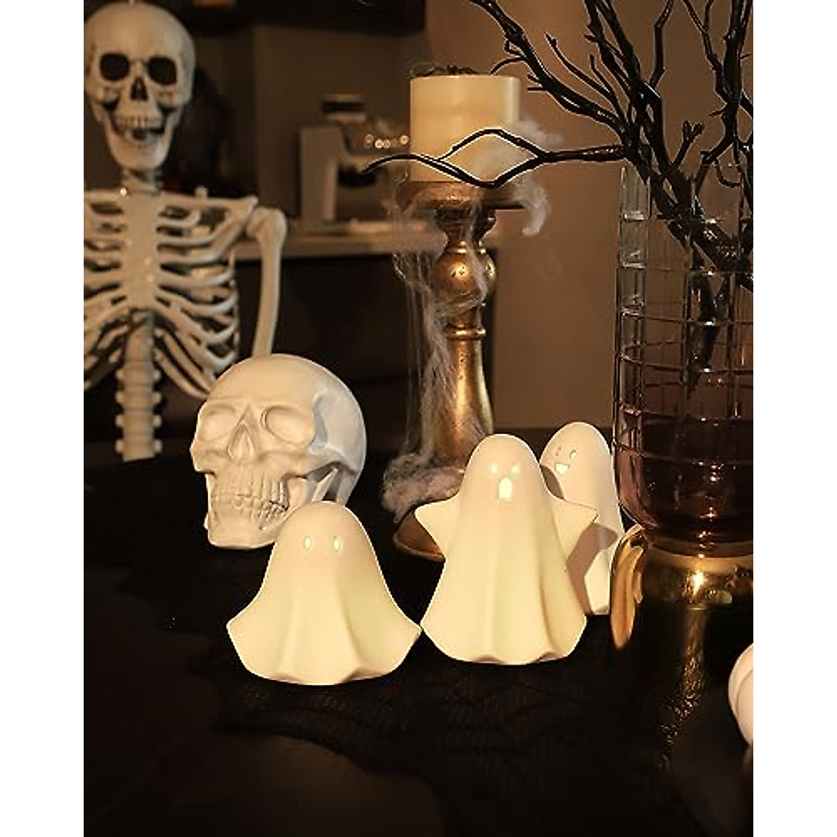 DN DECONATION Cute Ceramic Light Up Ghost Decor, 3PCS Ghost Halloween Decor White Spooky Sculptures, Small Led Ghost Figurines for Indoor Halloween Party Desk Tabletop Centerpieces Decoration
