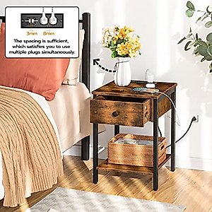HOOBRO Nightstand, End Table with Charging Station and USB Ports, Side Table with Drawer and Storage Shelf, Bedside Table for Small Spaces and Bedroom, Rustic Brown BF401BZ01