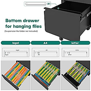 YOLEO 3 Drawer File Cabinet, Metal Filing Cabinets with Lock Wheels & Hanging Rail for A4/Legal/Letter File, Anti-tilt Under Desk Design, Lockable Rolling Mobile File Cabinet for Home Office (Black)