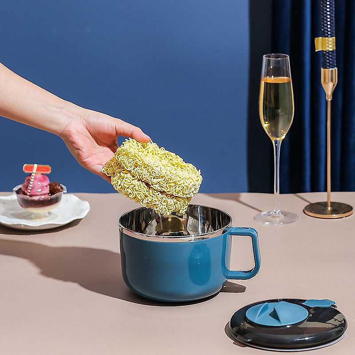 304 Stainless Steel Ramen Bowls,Insulation Bowls With Lid & Handle Ramen Cooker, Blue, 6.3x5.12x4.92