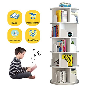 foriy 5 Tier Rotating Bookshelf 360° Revolving Bookcase Modern Tall Book Shelf Storage Display Rack Floor Standing Shelves with Baffle for Home Living Room Study Office White 63''X18''X18''