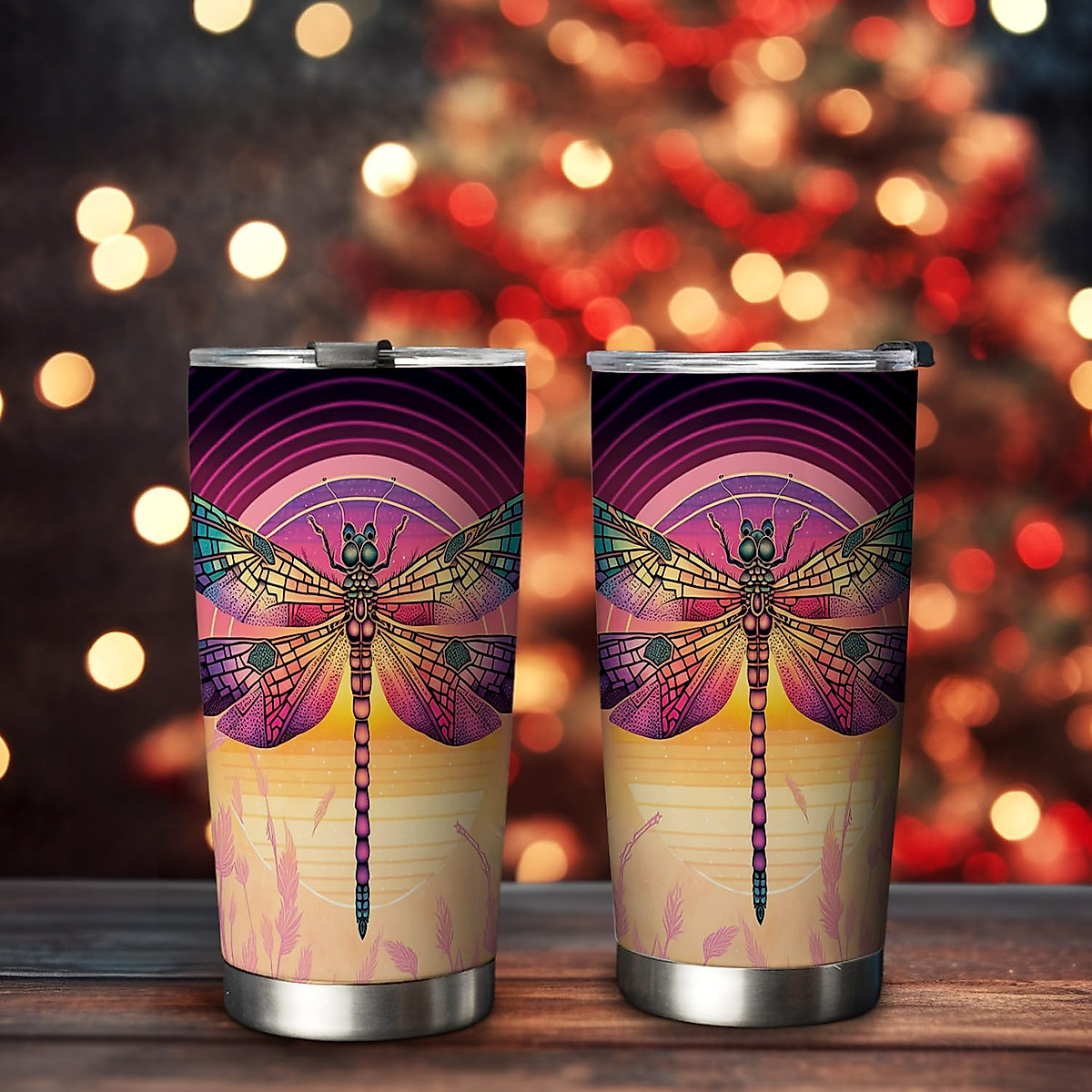 ORCAE 20oz Colorful Hippie Dragonfly Tumbler, Gifts for Dragonfly Lovers, Coffee Thermos for Women, Stainless Steel Double Wall Vacuum Insulated Coffee Mug, Travel Cup with Lid - B
