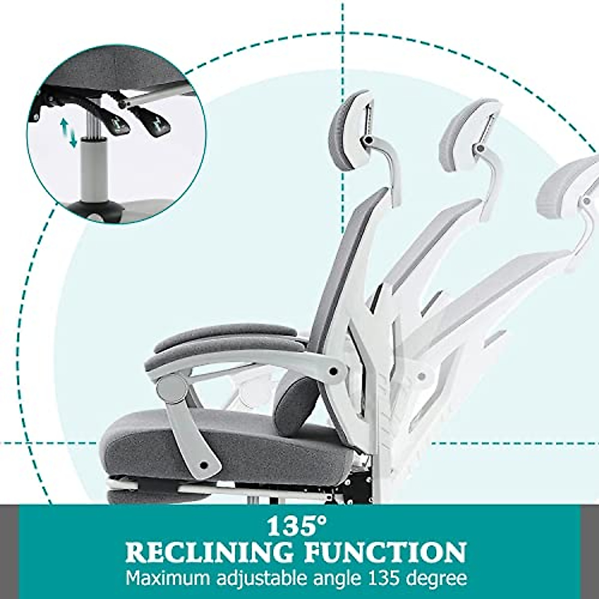 Ergonomic Office Chair, Reclining High Back Mesh Chair, Computer Desk Chair, Swivel Rolling Home Task Chair with Lumbar Support Pillow, Adjustable Headrest, Retractable Footrest and Padded Armrests