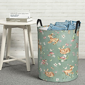 Gbuzozie 38L Round Laundry Hamper Cute Deers Storage Basket Waterproof Coating Woodland Forest Animals Butterflies And Flowers Organizer Bin For Nursery Clothes Toys